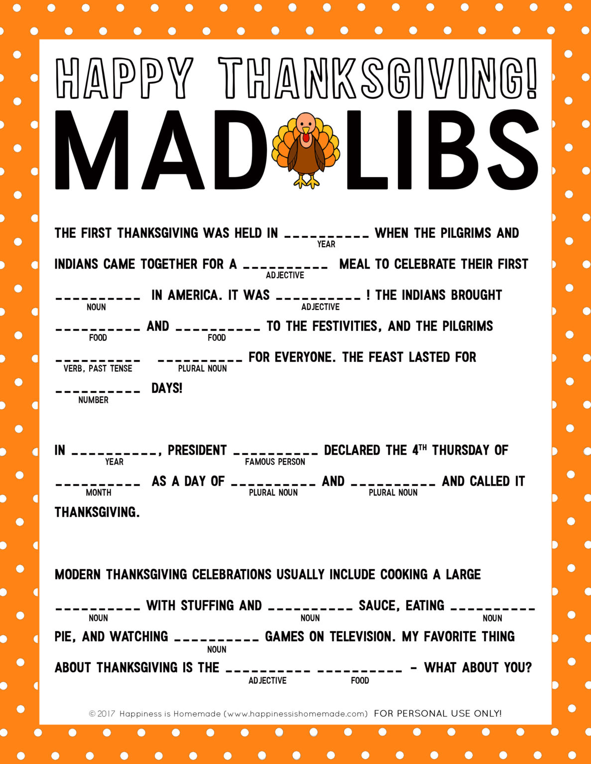 Thanksgiving Mad Lib Printable 2025 - Printablemadlibs.com